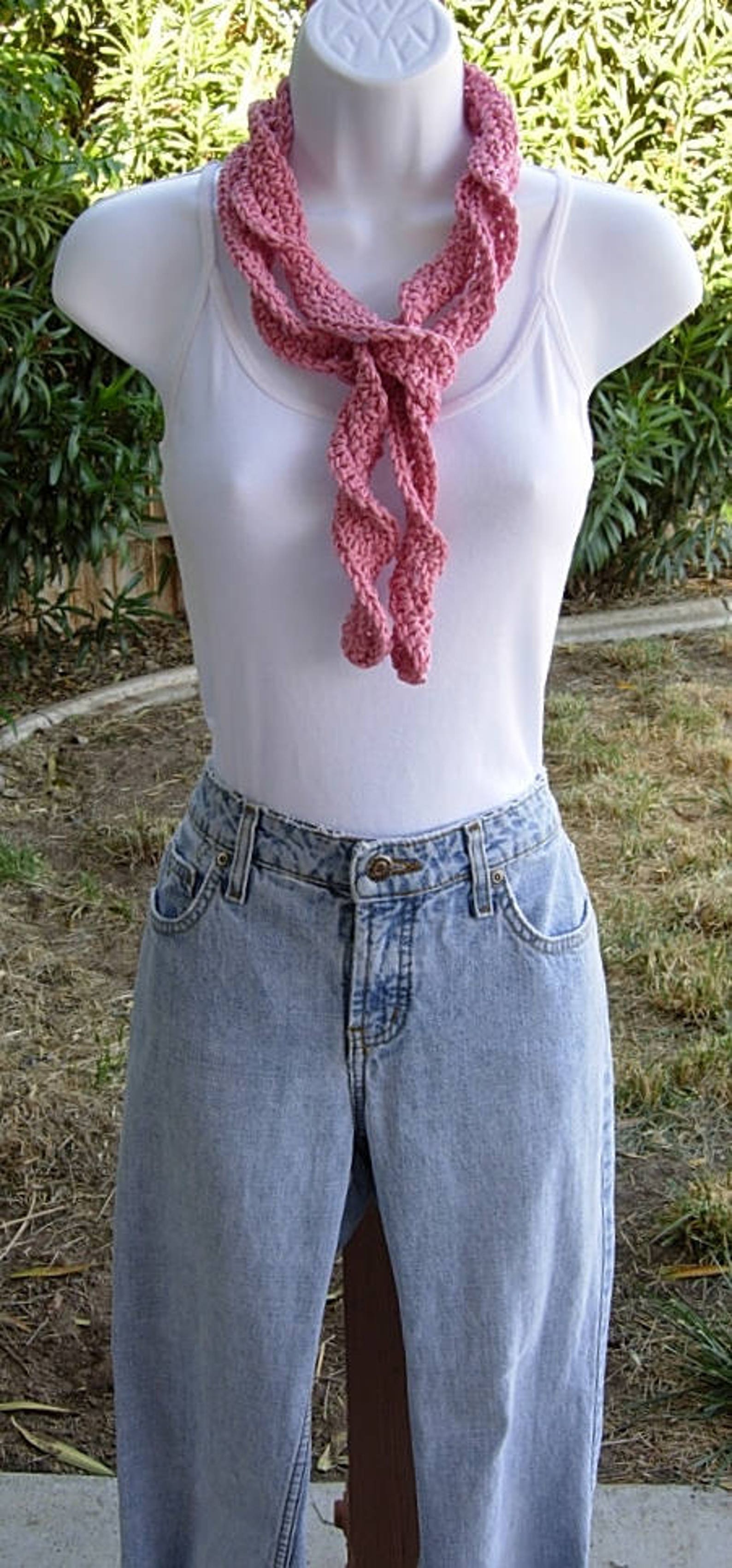 Solid Rose Pink Skinny SUMMER SCARF Small 100% Cotton Spiral Crochet ...