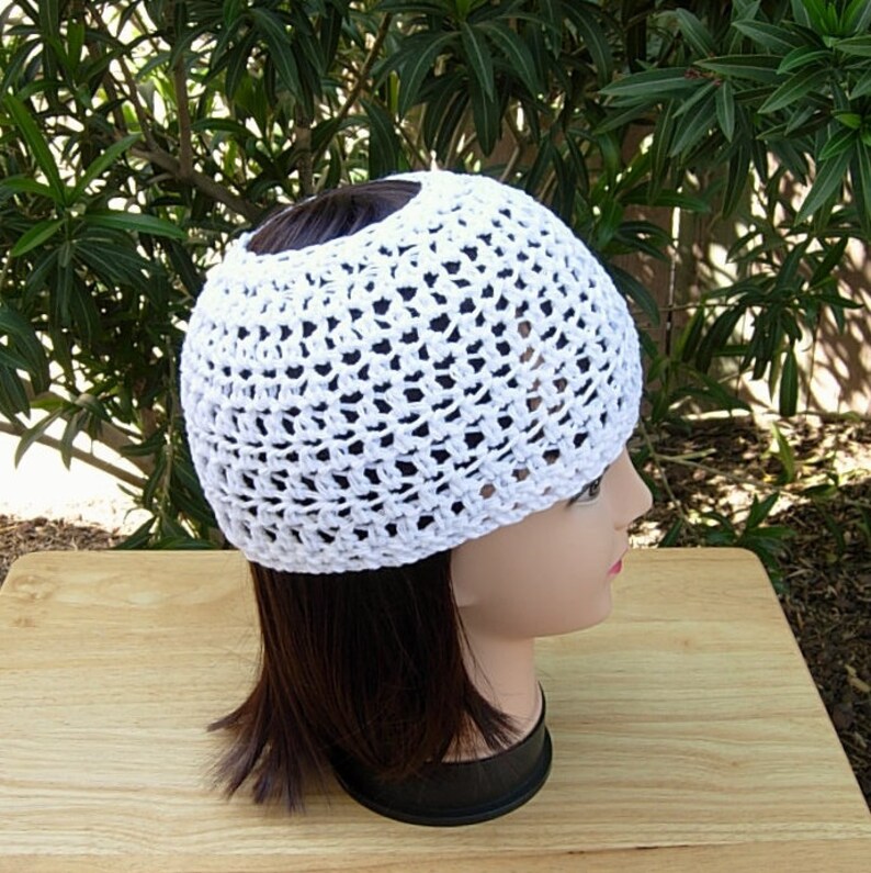 Solid Bright White Summer Messy Bun Beanie, 100% Cotton Lacy Airy Women ...