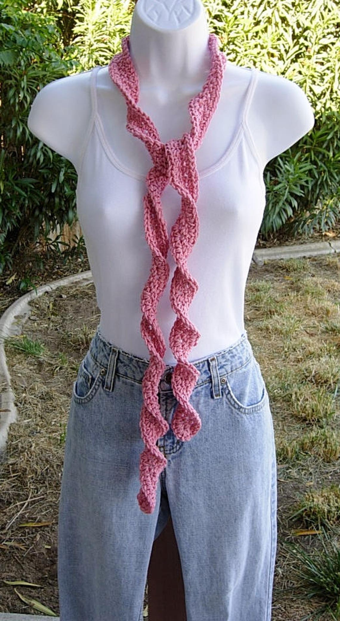 Solid Rose Pink Skinny SUMMER SCARF Small 100% Cotton Spiral Crochet ...