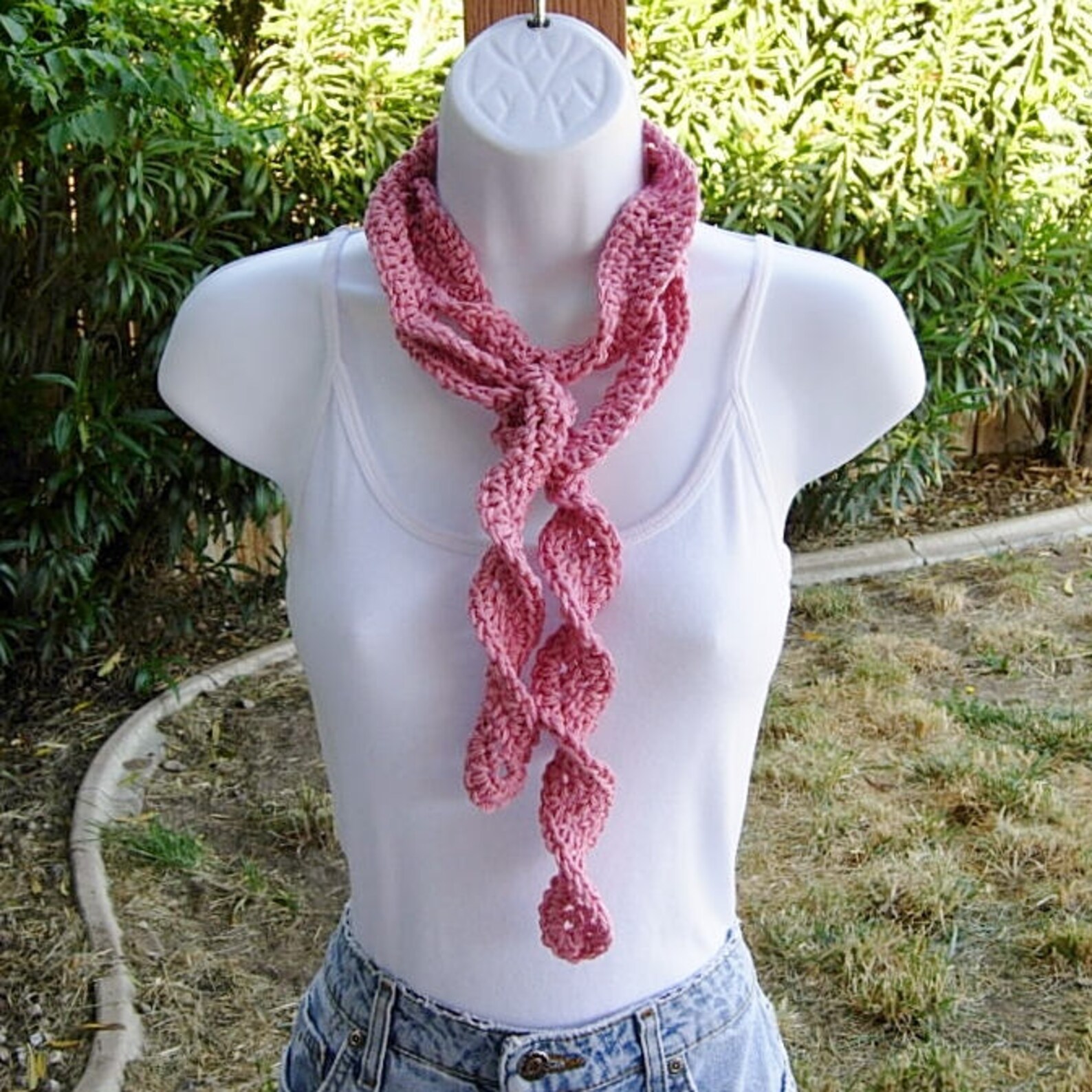 Solid Rose Pink Skinny SUMMER SCARF Small 100% Cotton Spiral Crochet ...