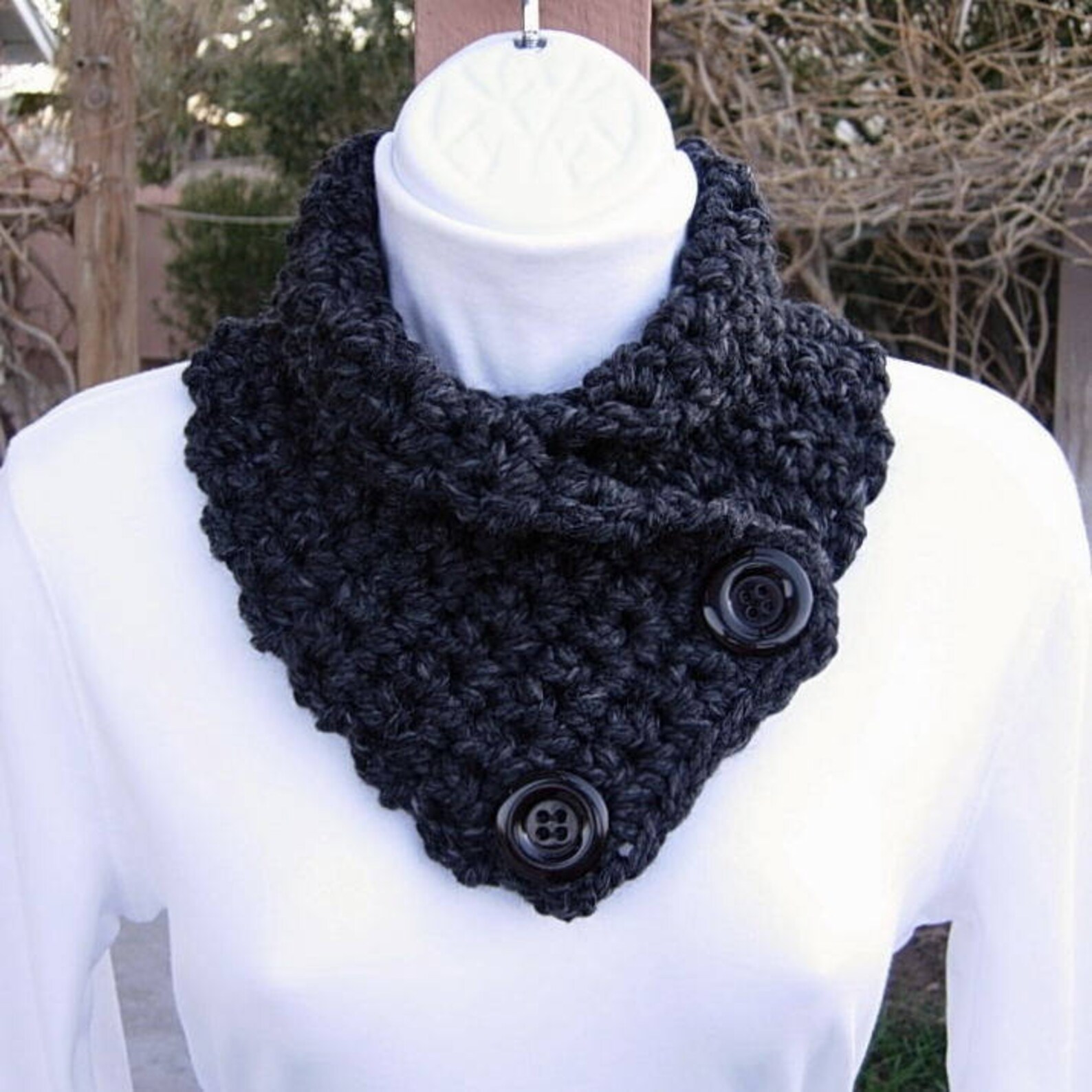 NECK WARMER SCARF Buttoned Cowl Black Dark Gray Grey Charcoal Wool ...
