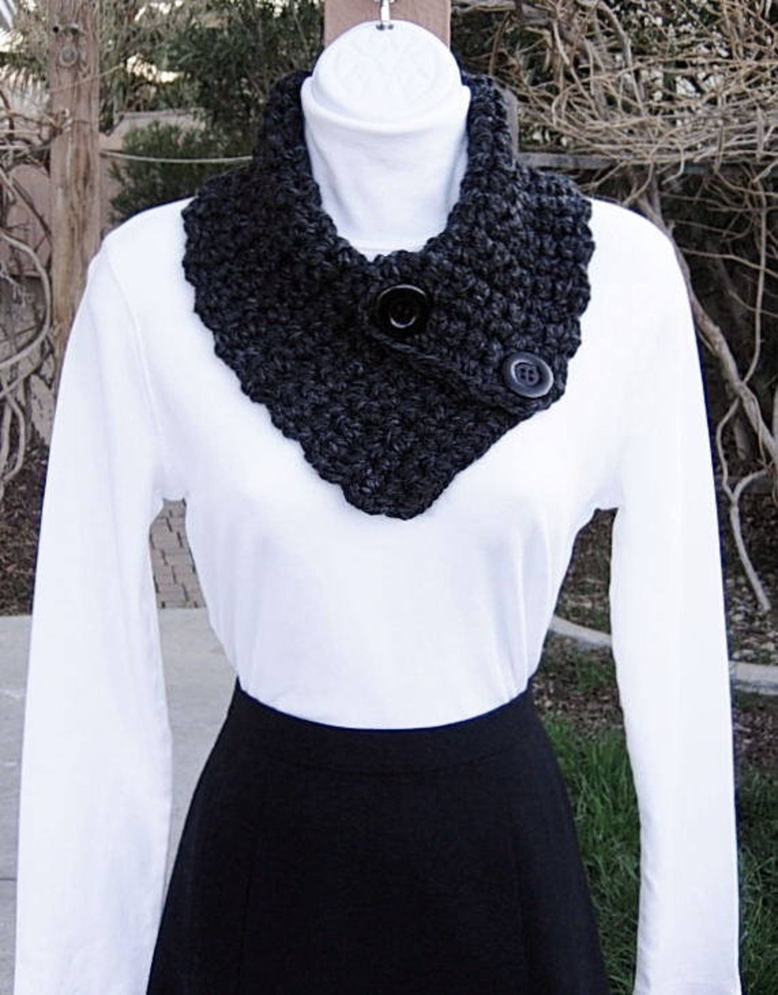 NECK WARMER SCARF Buttoned Cowl Black Dark Gray Grey Charcoal Wool ...