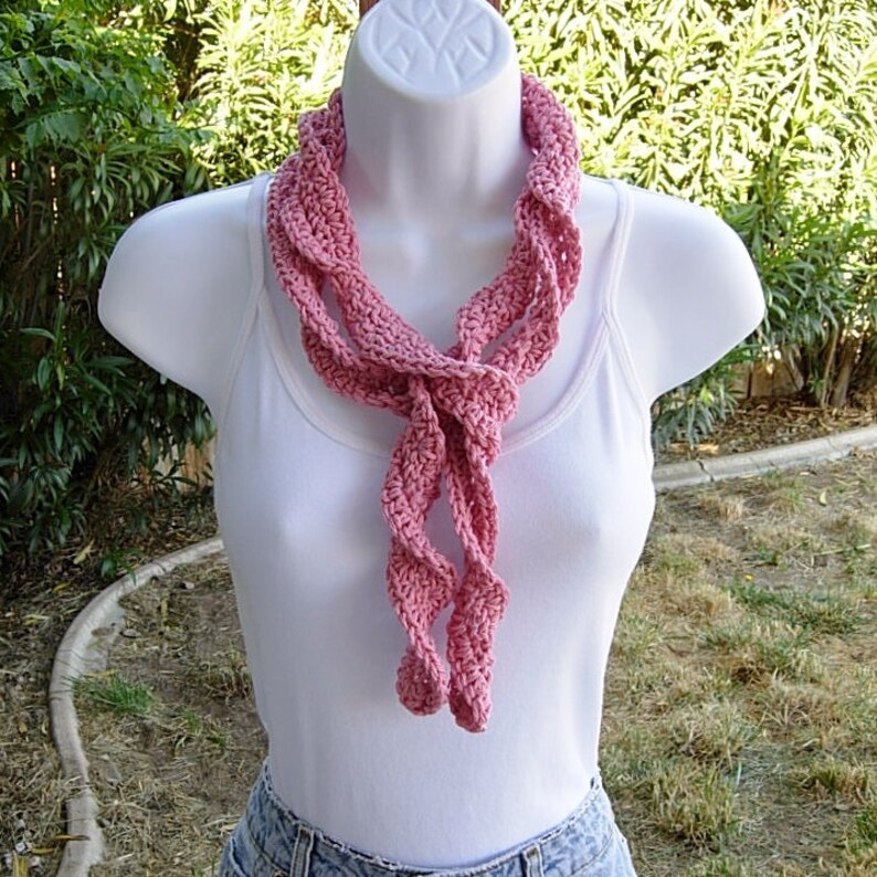 Solid Rose Pink Skinny SUMMER SCARF Small 100% Cotton Spiral Crochet ...