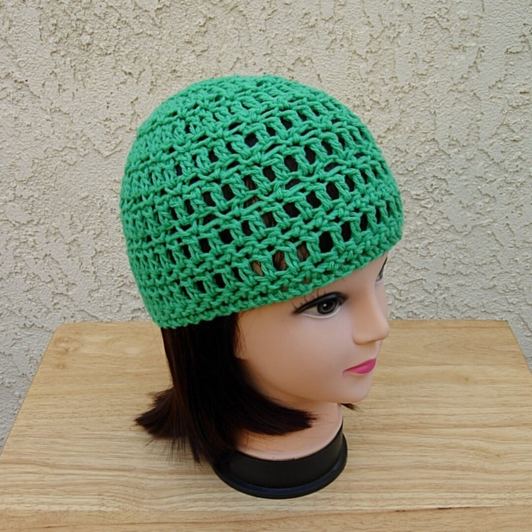Solid Green Summer Beanie, 100% Cotton Lacy Skull Cap, Women's Crochet ...