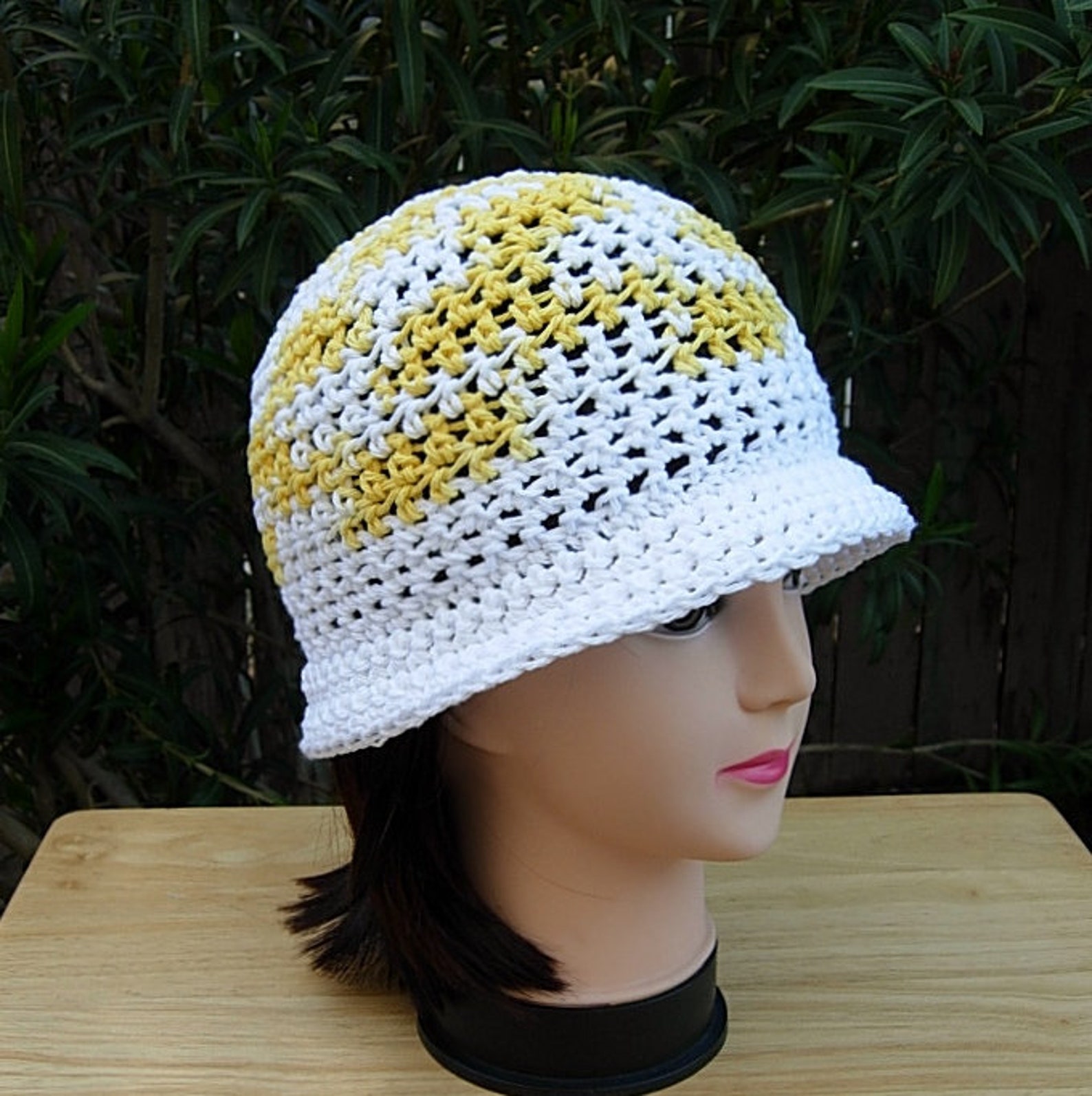 Bright Yellow and White Summer Beach Sun Hat, 100% Cotton Women's ...