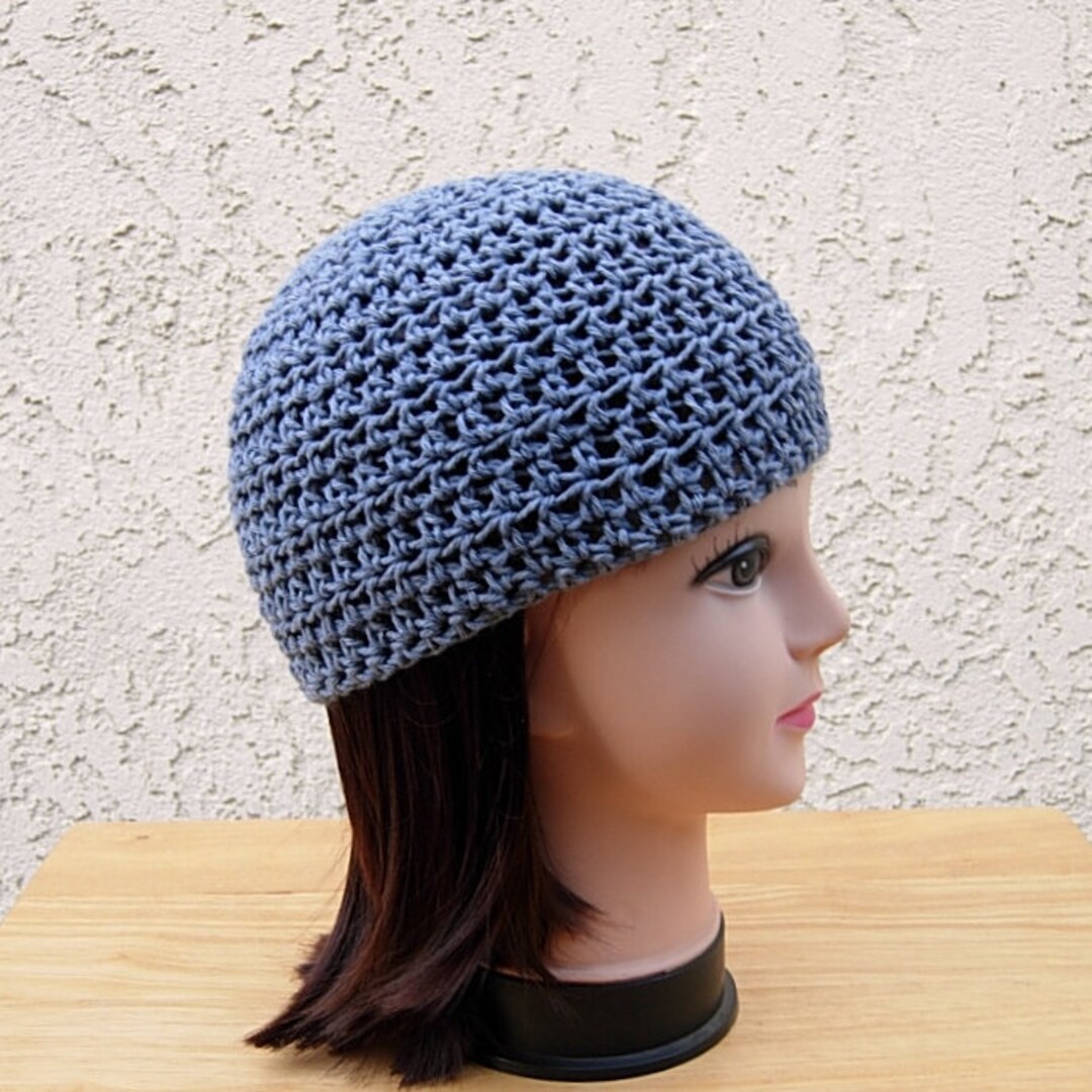Solid Medium Gray Blue Summer Beanie Hat, Soft 100% Cotton Lacy Skull ...
