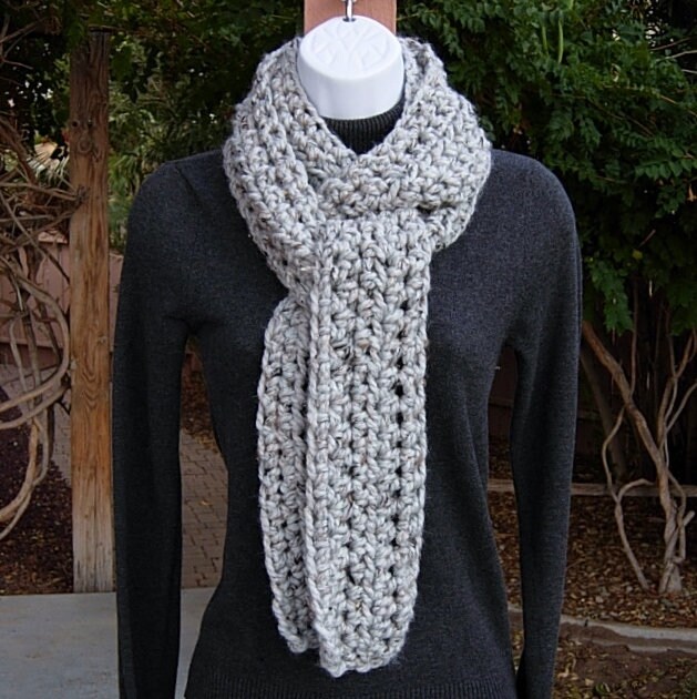 Light Gray Tweed Scarf, Color Options, Soft Crochet Knit Narrow Chunky ...