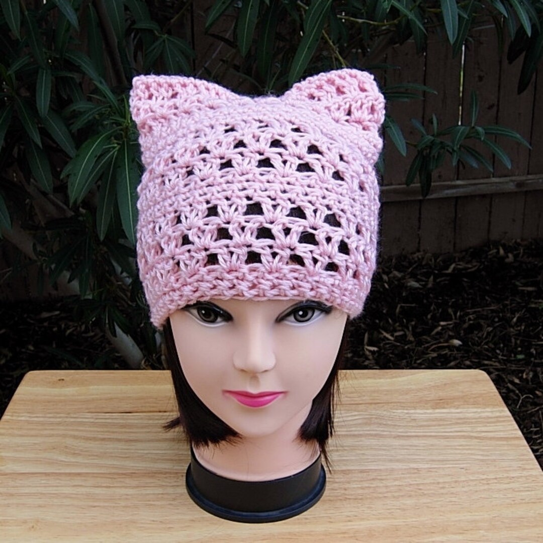 Light Pink Pussy Cat Hat Summer Lacy Pussyhat Lightweight Soft Crochet Knit Solid Pink Thin