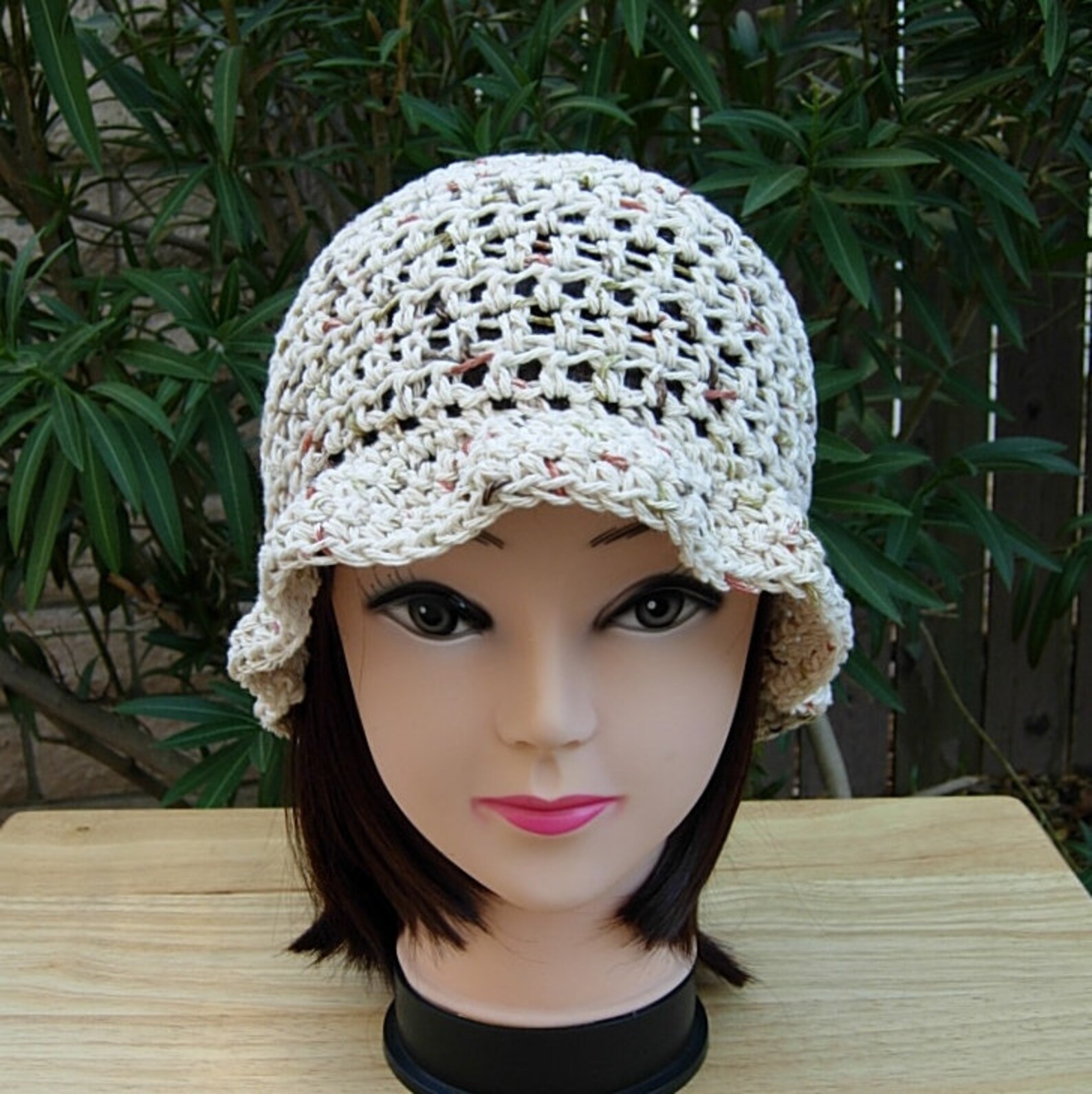 Light Natural Brown Beige Summer Hat With Wavy Brim, 100% Cotton Lacy ...