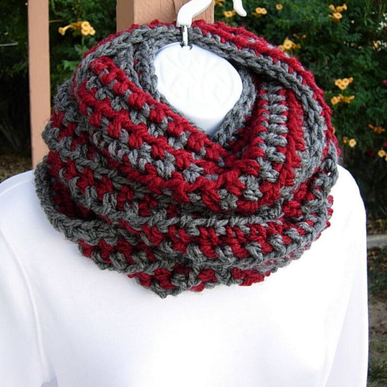Winter INFINITY SCARF Loop Cowl Dark Red & Charcoal Gray Grey Striped ...