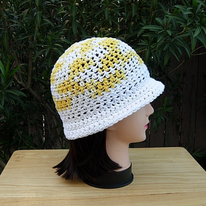 Bright Yellow and White Summer Beach Sun Hat, 100% Cotton Women's ...