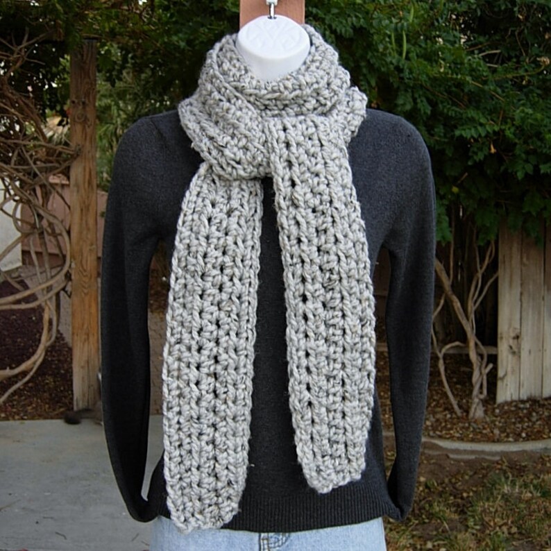 Light Gray Tweed Scarf, Color Options, Soft Crochet Knit Narrow Chunky ...