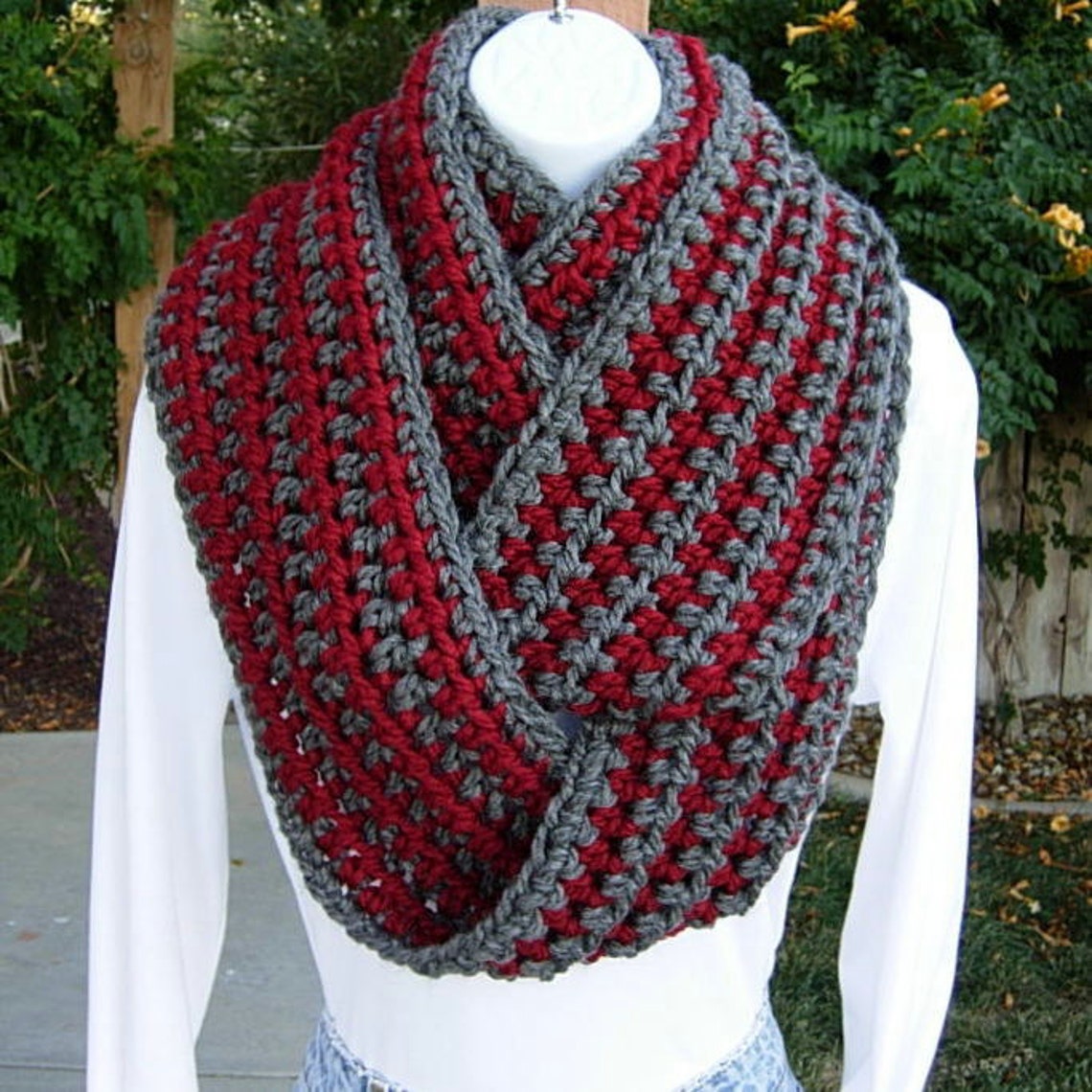 Winter INFINITY SCARF Loop Cowl Dark Red & Charcoal Gray Grey Striped ...