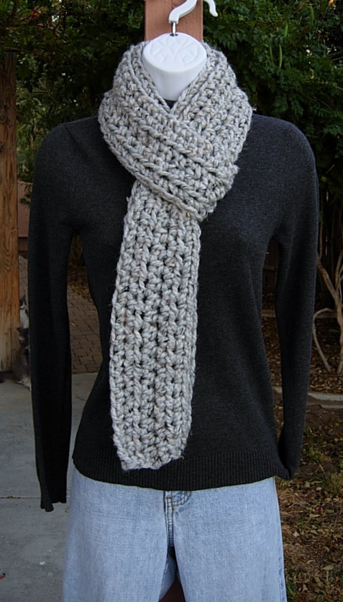 Light Gray Tweed Scarf, Color Options, Soft Crochet Knit Narrow Chunky ...