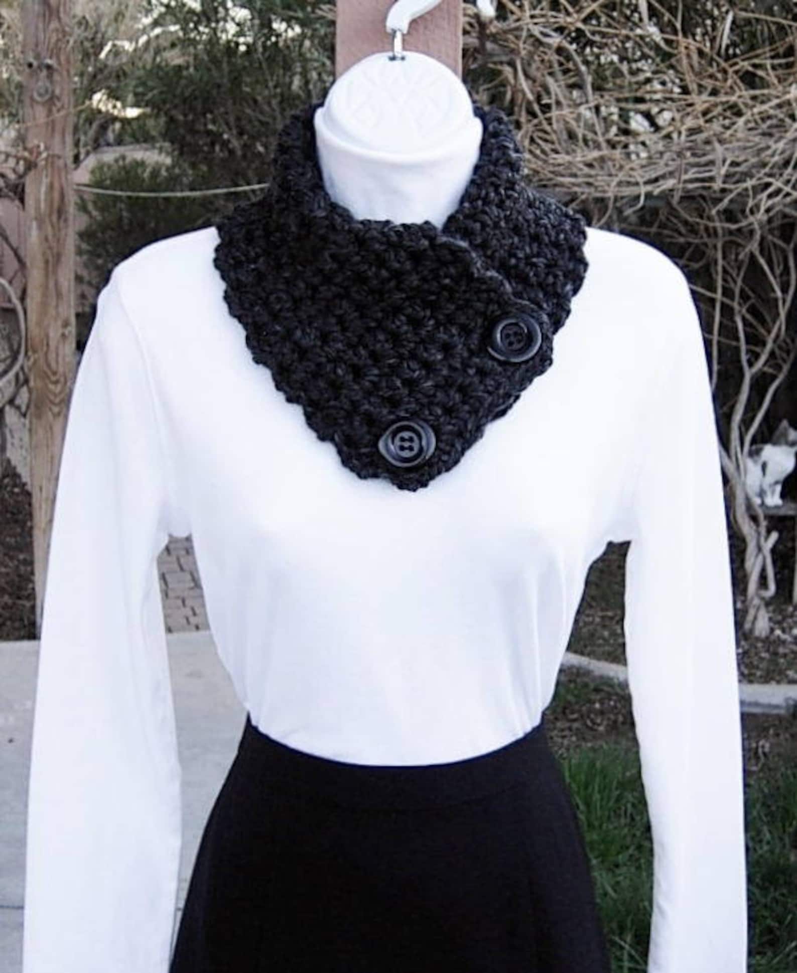 NECK WARMER SCARF Buttoned Cowl Black Dark Gray Grey Charcoal Wool ...