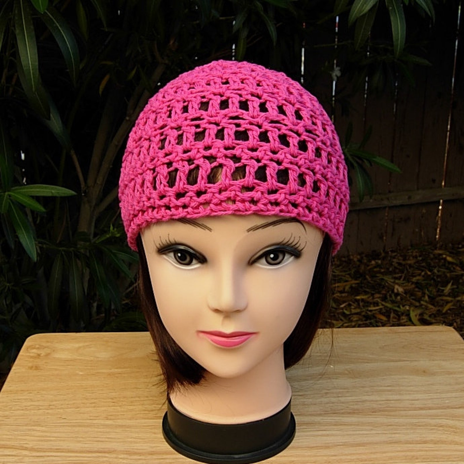Solid Hot Pink Summer Beanie, 100% Cotton Lacy Skull Cap, Women's ...