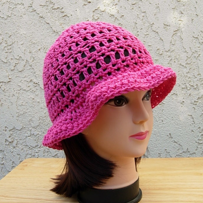 Women's Hot Pink Summer Sun Hat, Lightweight 100% Cotton Crochet Knit ...