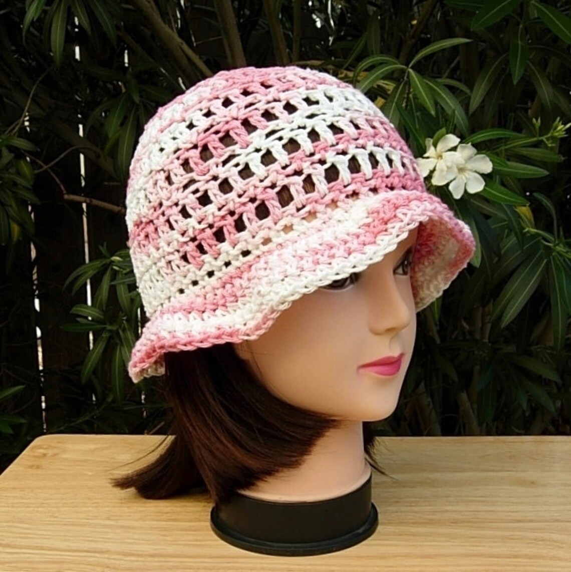 Light Pink & off White Summer Beach Sun Hat, 100% Cotton Lacy Women's ...