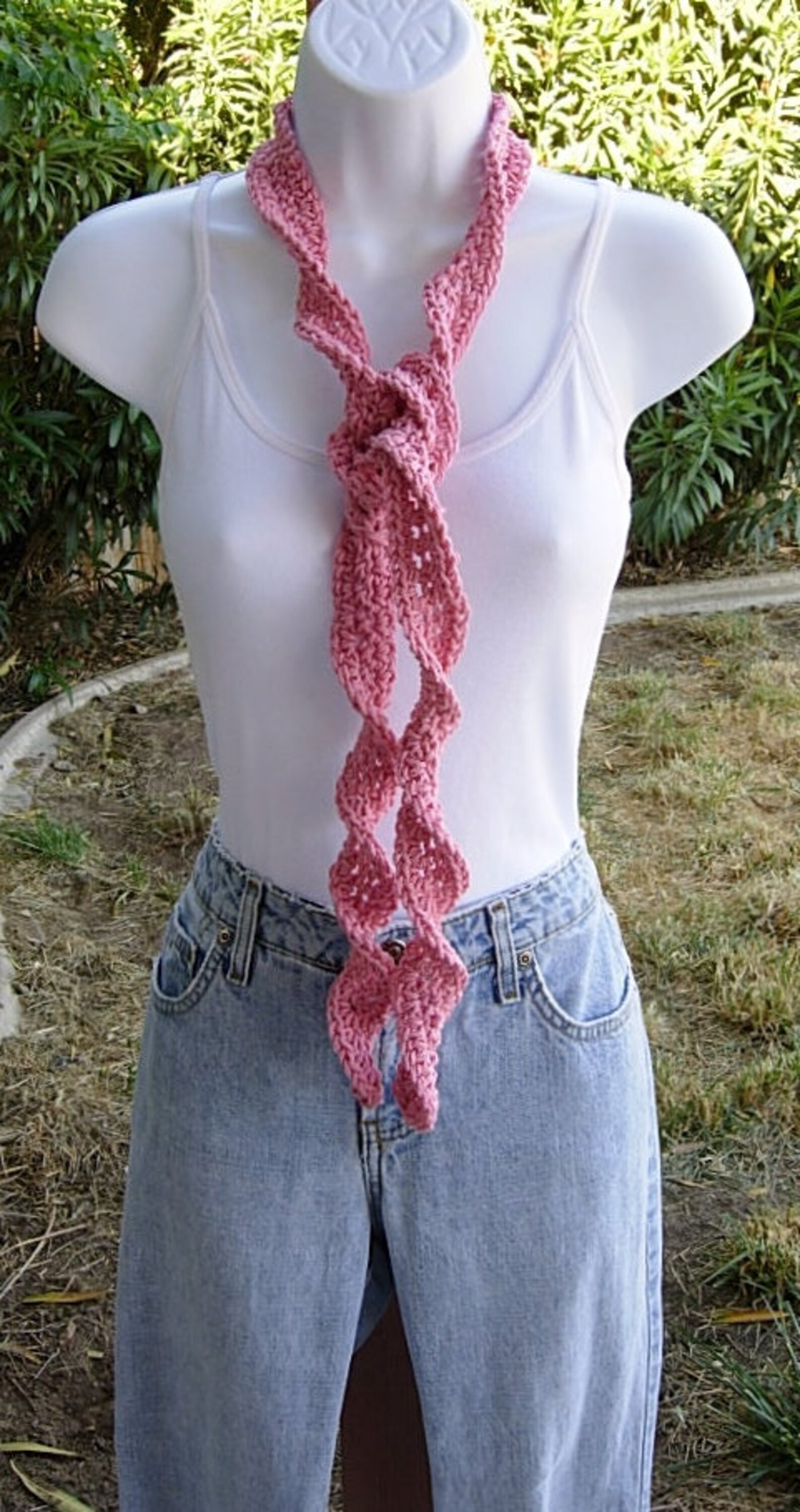 Solid Rose Pink Skinny SUMMER SCARF Small 100% Cotton Spiral Crochet ...