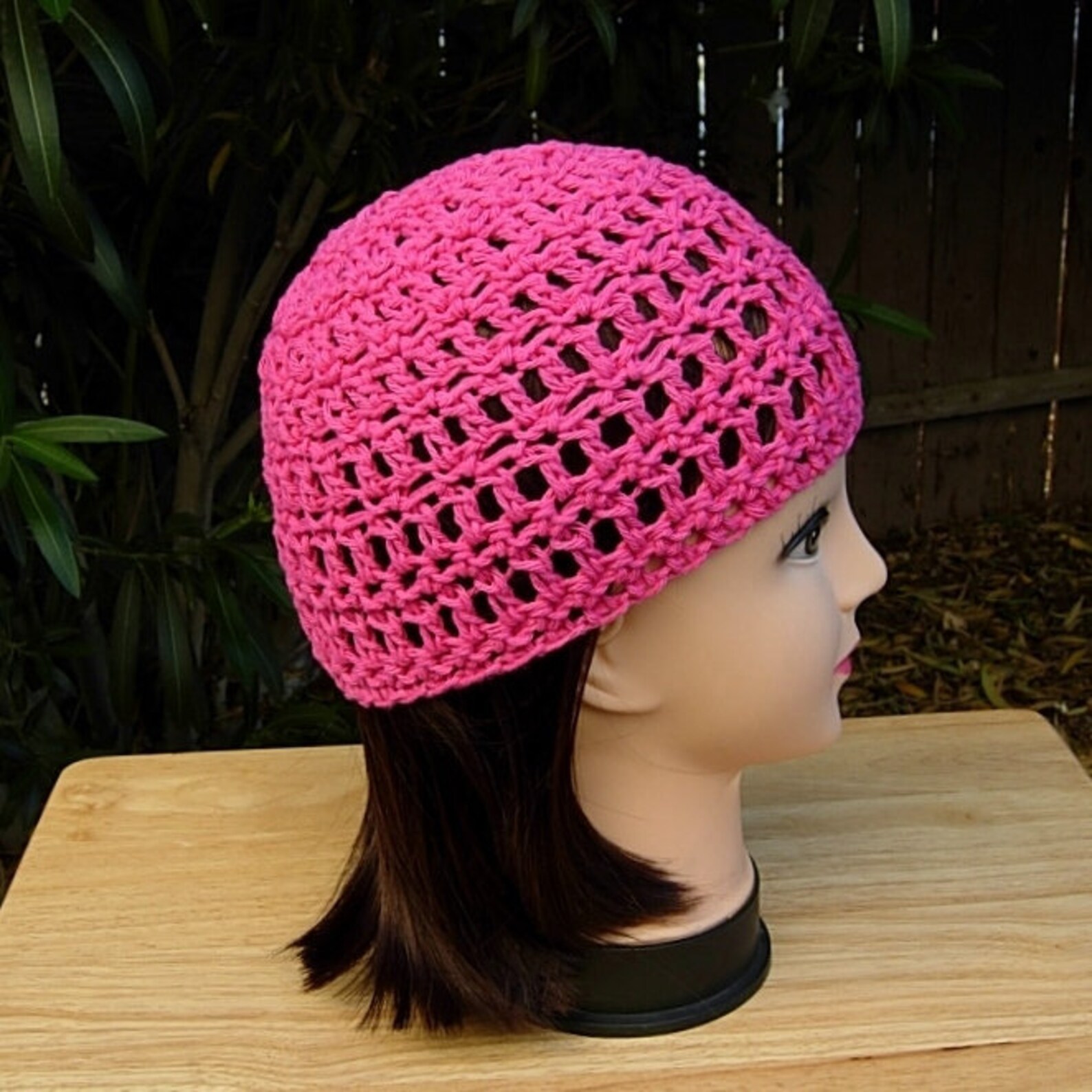 Solid Hot Pink Summer Beanie, 100% Cotton Lacy Skull Cap, Women's ...