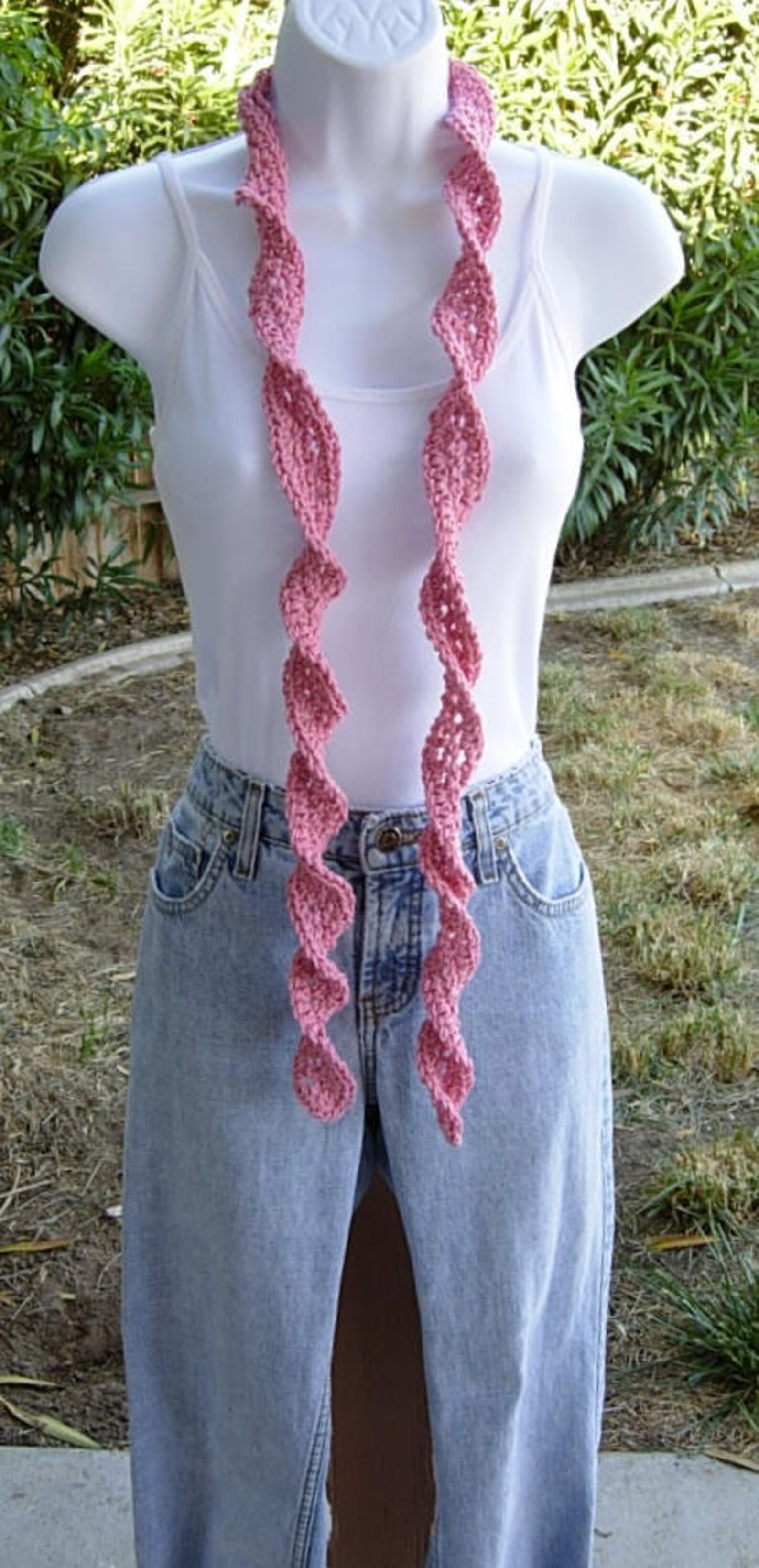 Solid Rose Pink Skinny SUMMER SCARF Small 100% Cotton Spiral Crochet ...