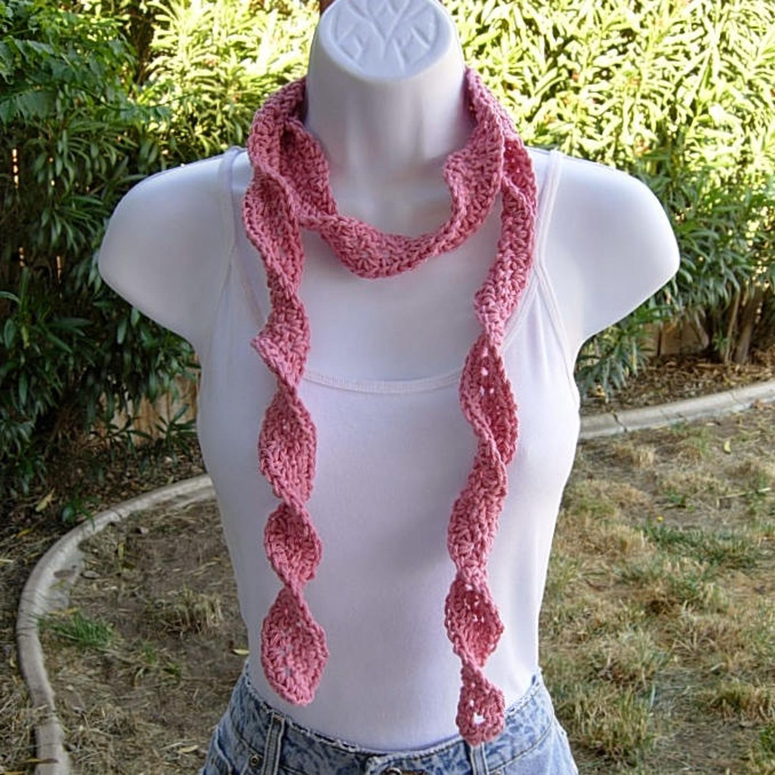 Solid Rose Pink Skinny SUMMER SCARF Small 100% Cotton Spiral Crochet ...