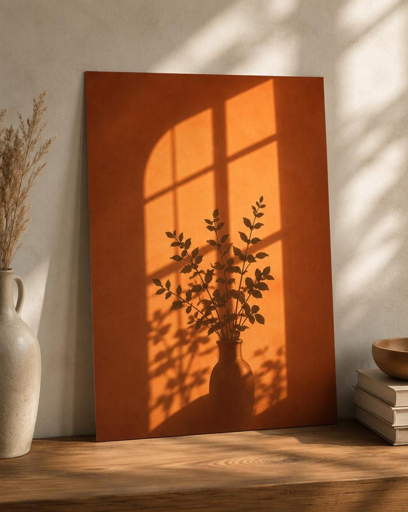 Orange Aesthetic Poster, Sun and Shadow Wall Art, Botanical Vase Print ...