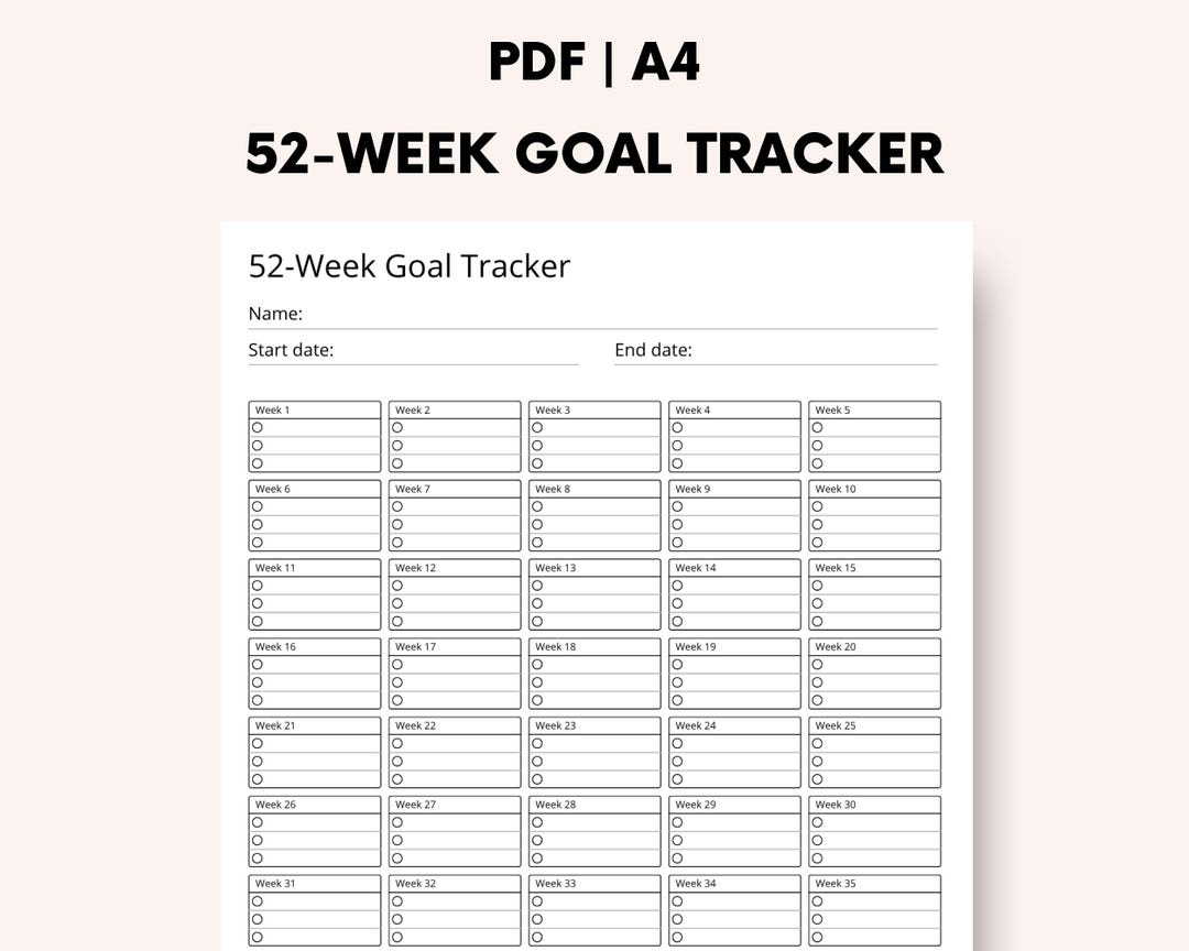 52 Week Goal Tracker | 52 Week Challenge Tracker Pdf | 52 Week Personal ...