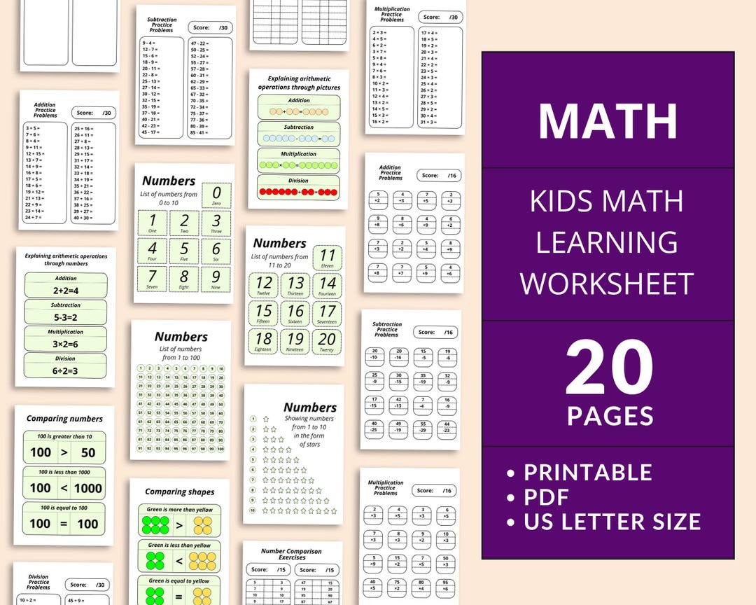 Printable Kids Math Learning Worksheet | Math Addition and Subtraction ...