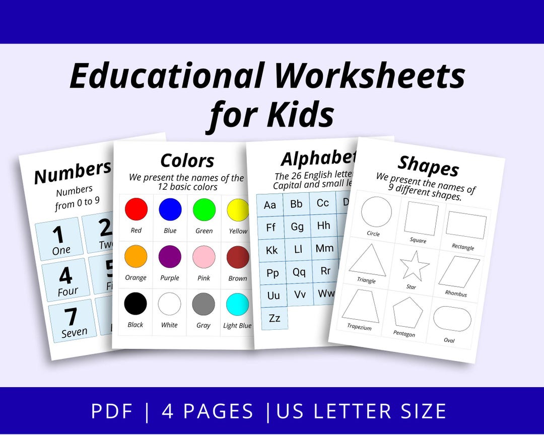 Kids Learning Worksheets | Alphabet, Numbers, Shapes, Colors (PDF ...