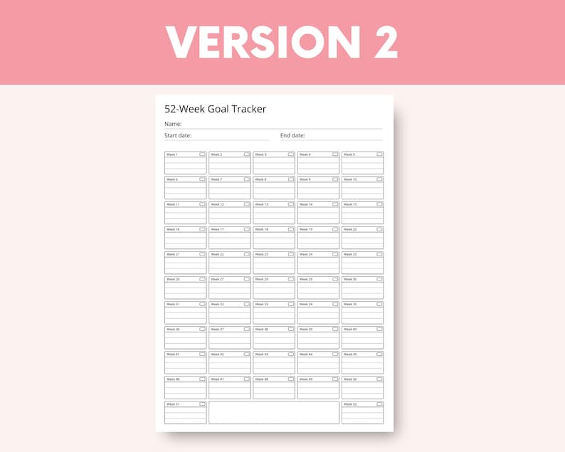 52 Week Goal Tracker | 52 Week Challenge Tracker Pdf | 52 Week Personal ...
