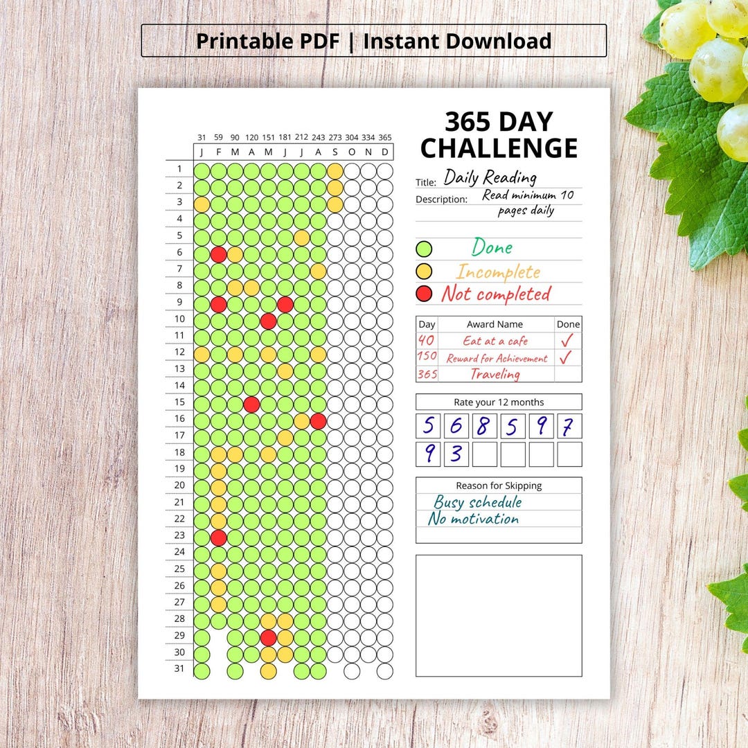 365 Day Book Reading Challenge Printable | Yearly Habit Tracker | Book ...