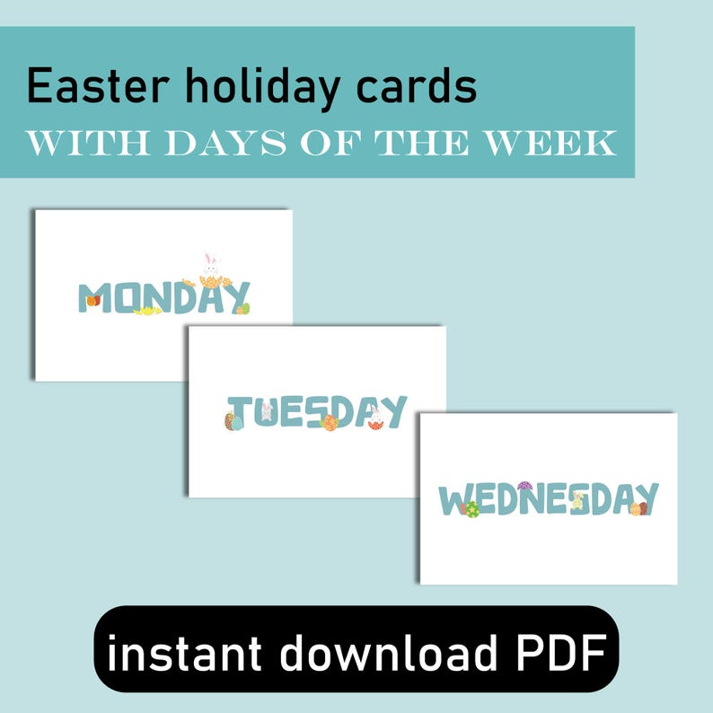Printable Cards– 4x6” Days of the Week – Easter Theme – 1 PDF – Digital ...