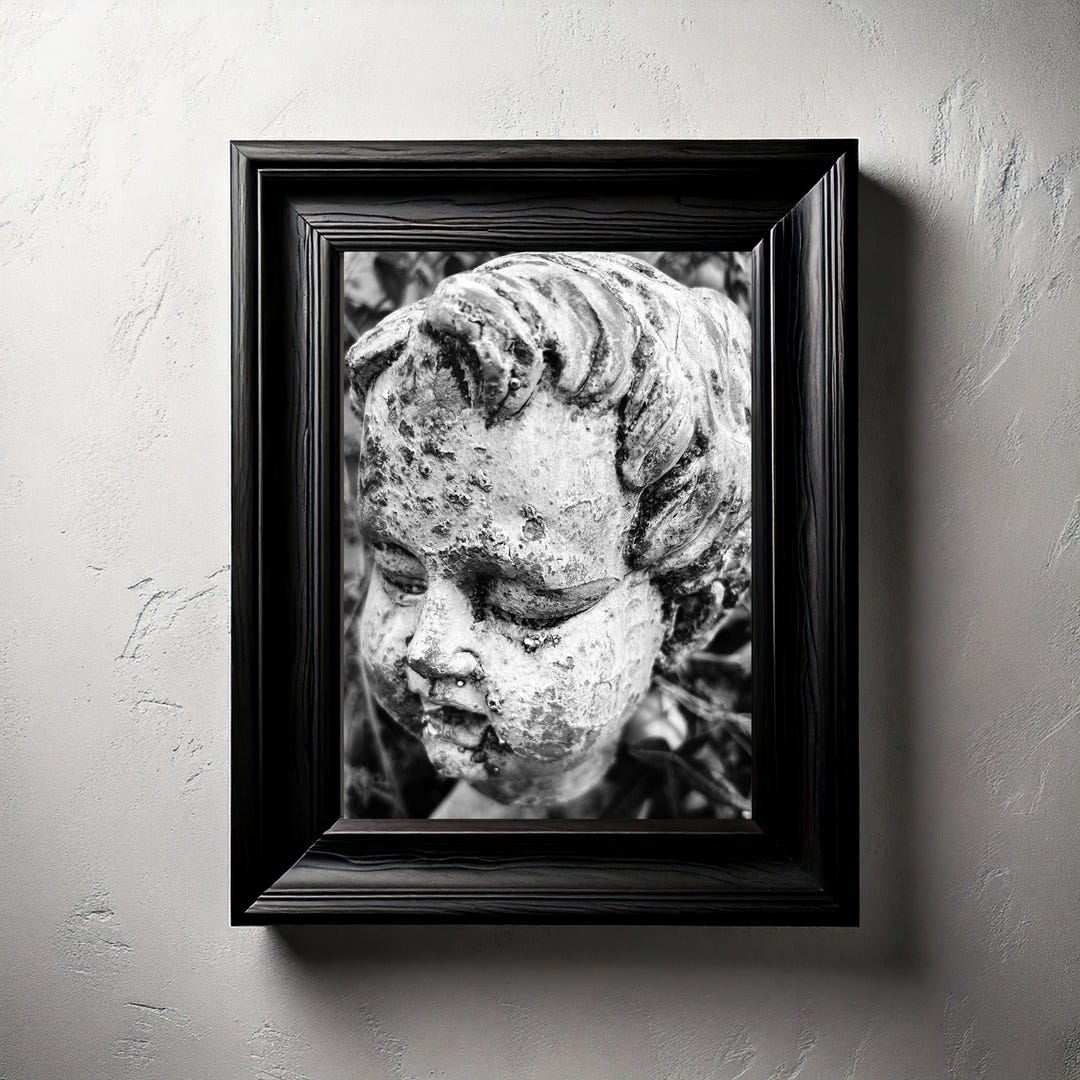Gothic Cherub Statue Print - Black and White Wall Art - Vintage Angel ...