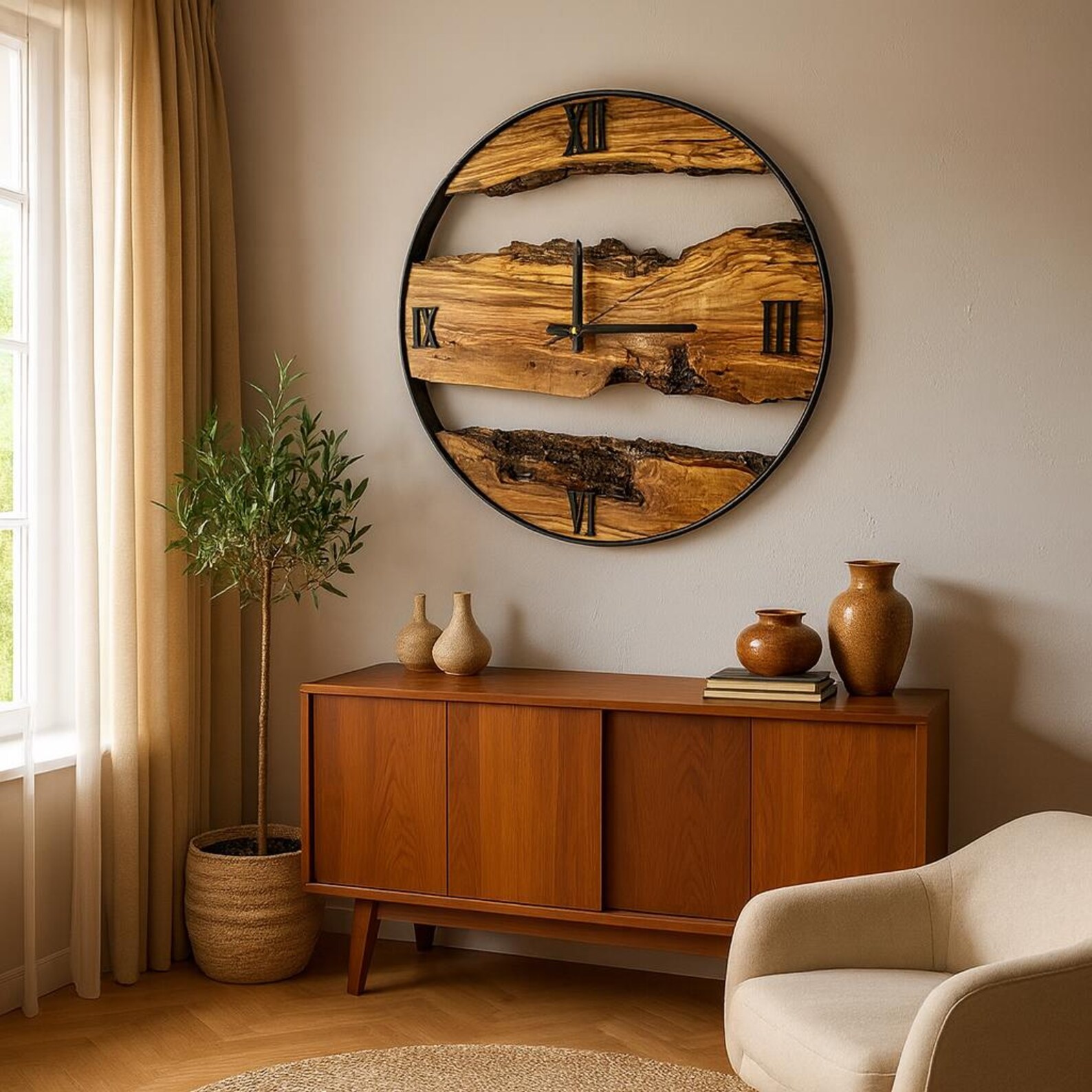 Handmade Olive Wood Live Edge Clock: Rustic Metal Frame Wall Art - Etsy
