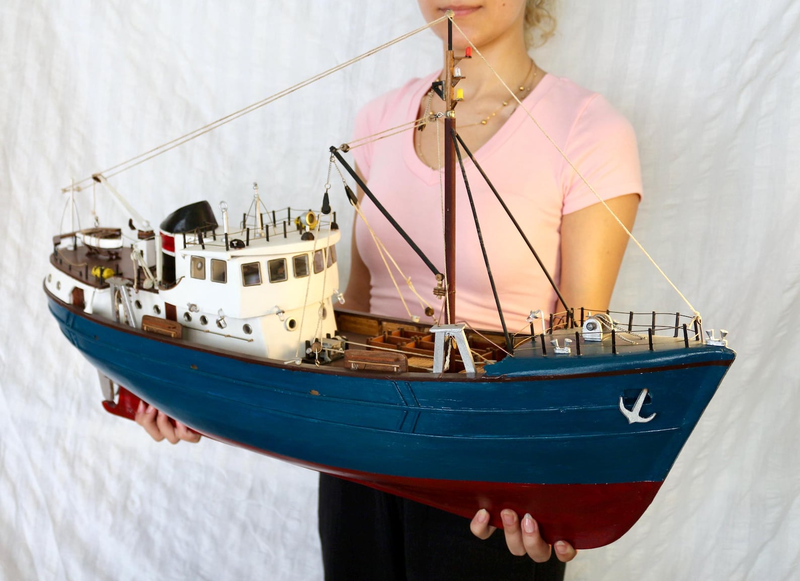 Handmade Wooden Fishing Boat Model: Scandinavian Nautical Decor, 88cm ...