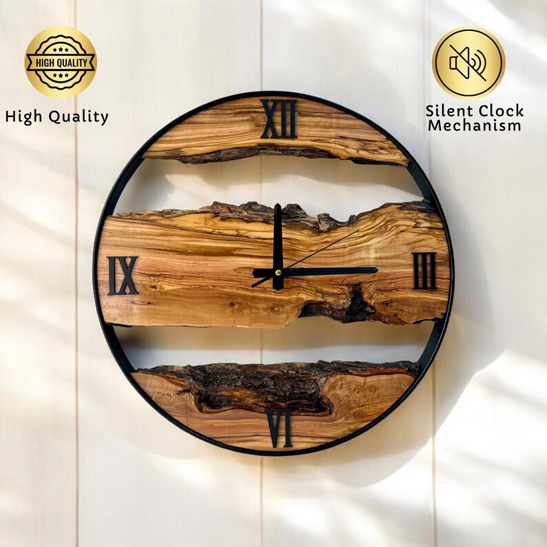 Handmade Olive Wood Live Edge Clock: Rustic Metal Frame Wall Art - Etsy