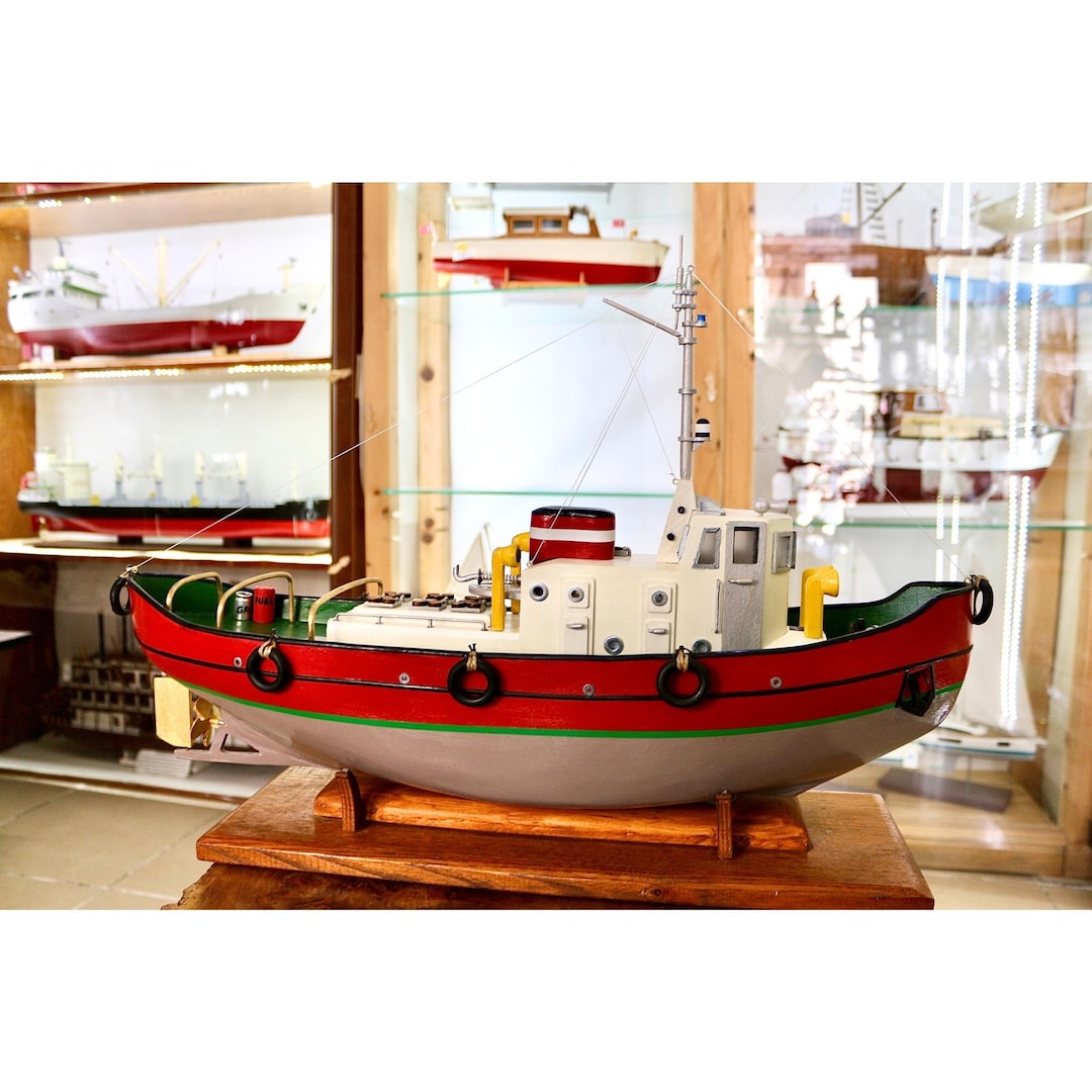 Handmade Wooden Tugboat Model Ship – 62cm Nautical Decor for Home or ...
