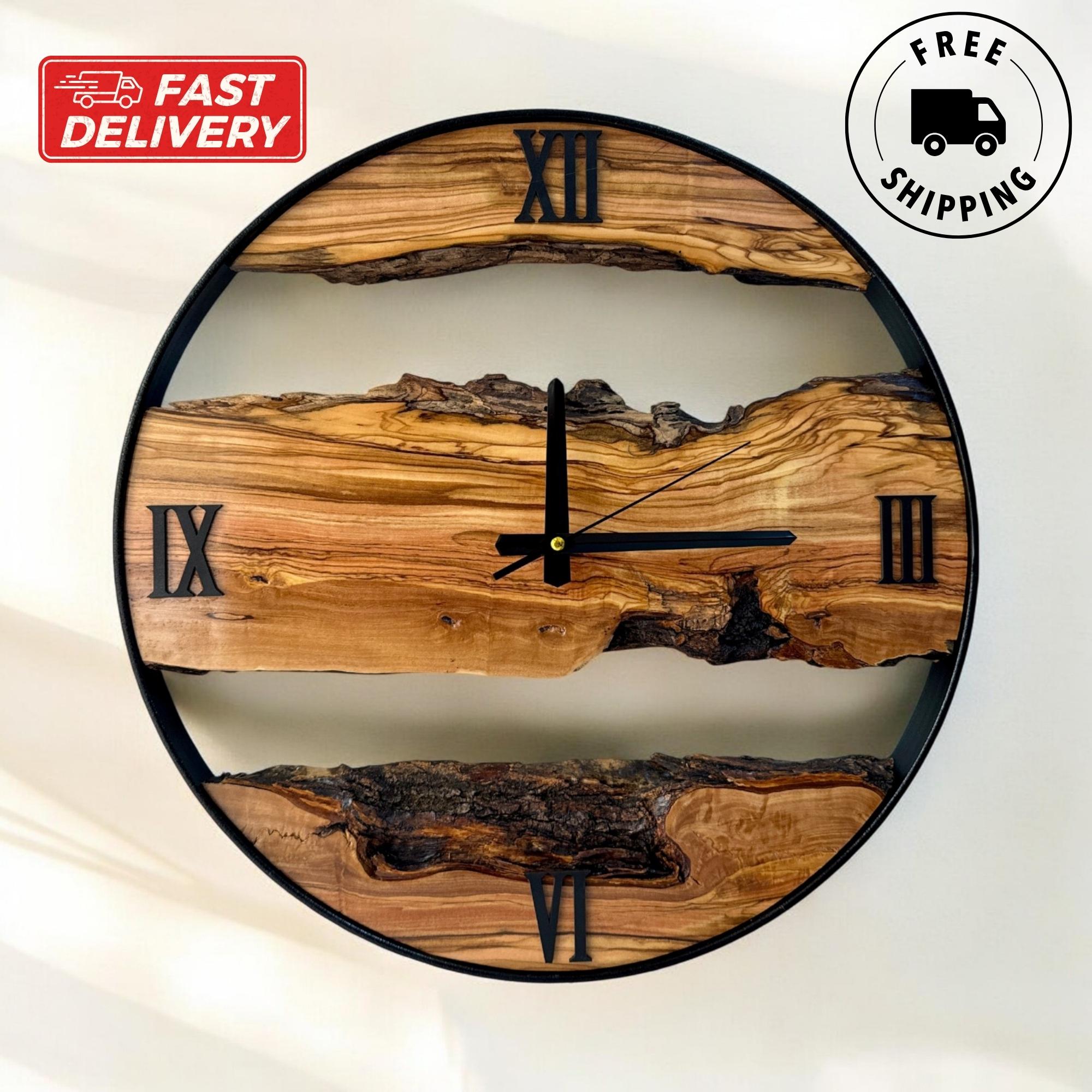 Handmade Olive Wood Live Edge Clock: Rustic Metal Frame Wall Art - Etsy