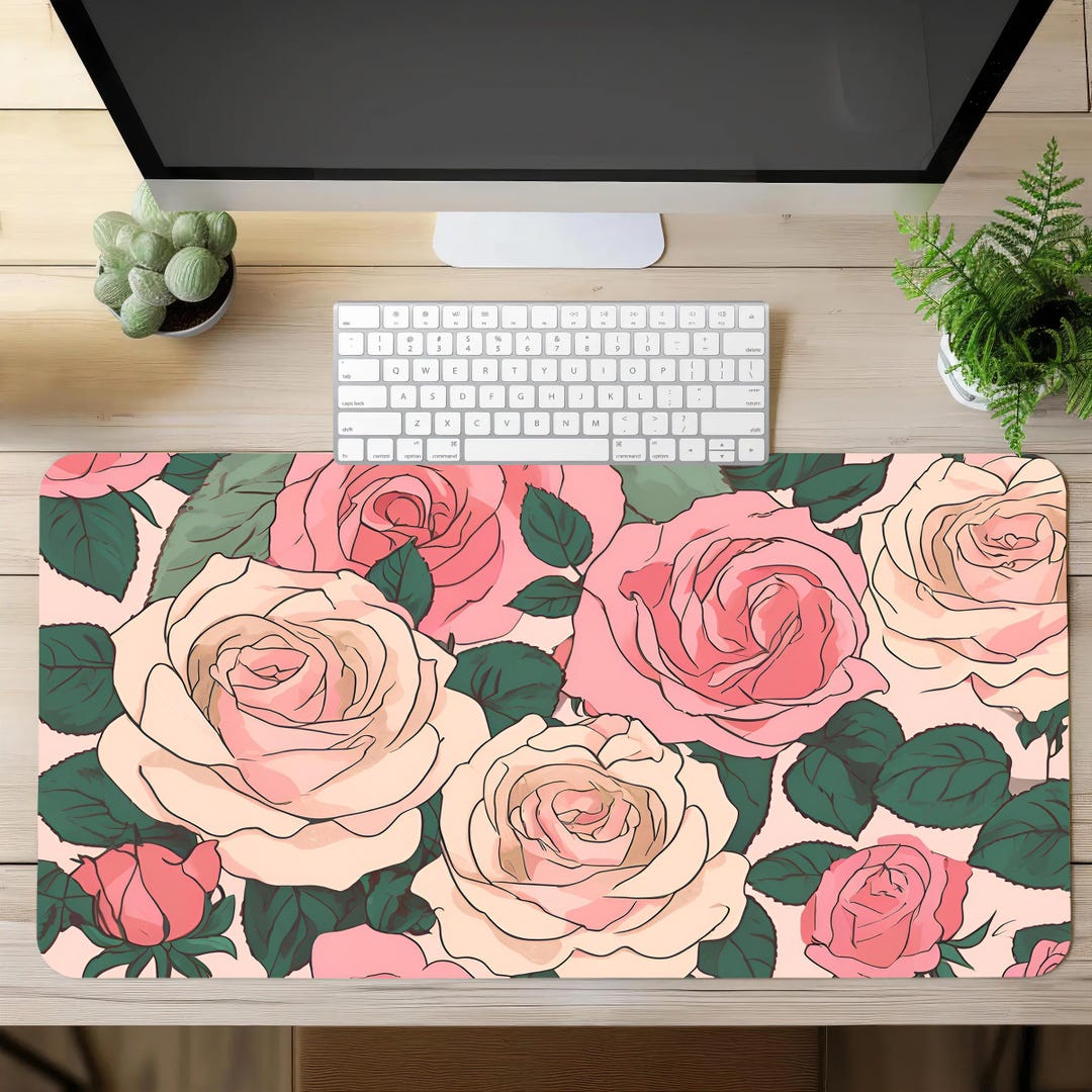 Cottagecore Pink Roses Desk Mat | Floral Rose Mouse Pad | Large Desk Pad | Nature Desk Decor - Etsy