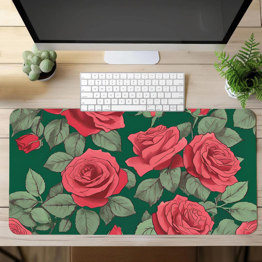 Vintage Red Rose Desk Mat | Botanical Rose Mouse Pad | Large Desk Pad ...