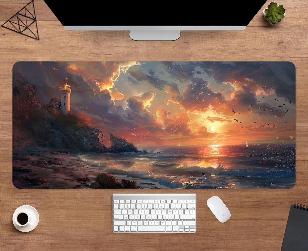 Lighthouse Sunset Desk Mat | Fantasy Seascape Mouse Pad | Large Desk ...