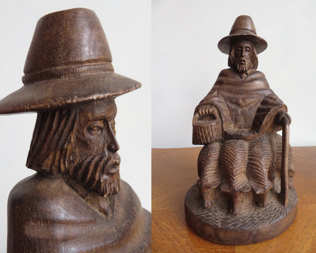 Wood Carved Shepherd Wood Sculpture Primitive Carving Bearded Shepherd ...