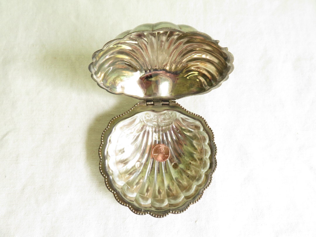 Silver Hinged Shell Dish Scallop Dish W/ Lid Vintage Caviar Dish Clam ...