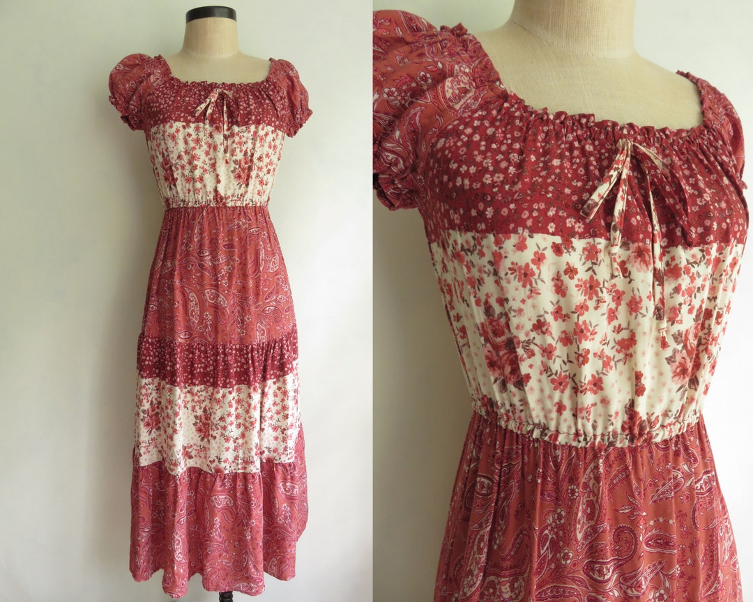 S Bebop Peasant Dress Floral Paisley Rayon Midi Summer Dress Sundress ...
