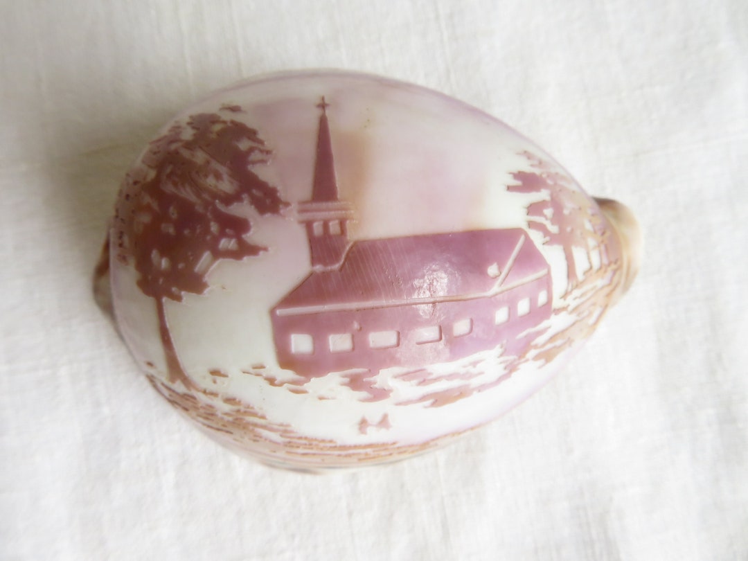 Carved Church on Cowrie Shell Hand Carved Handmade Shell Art Sea Shell ...
