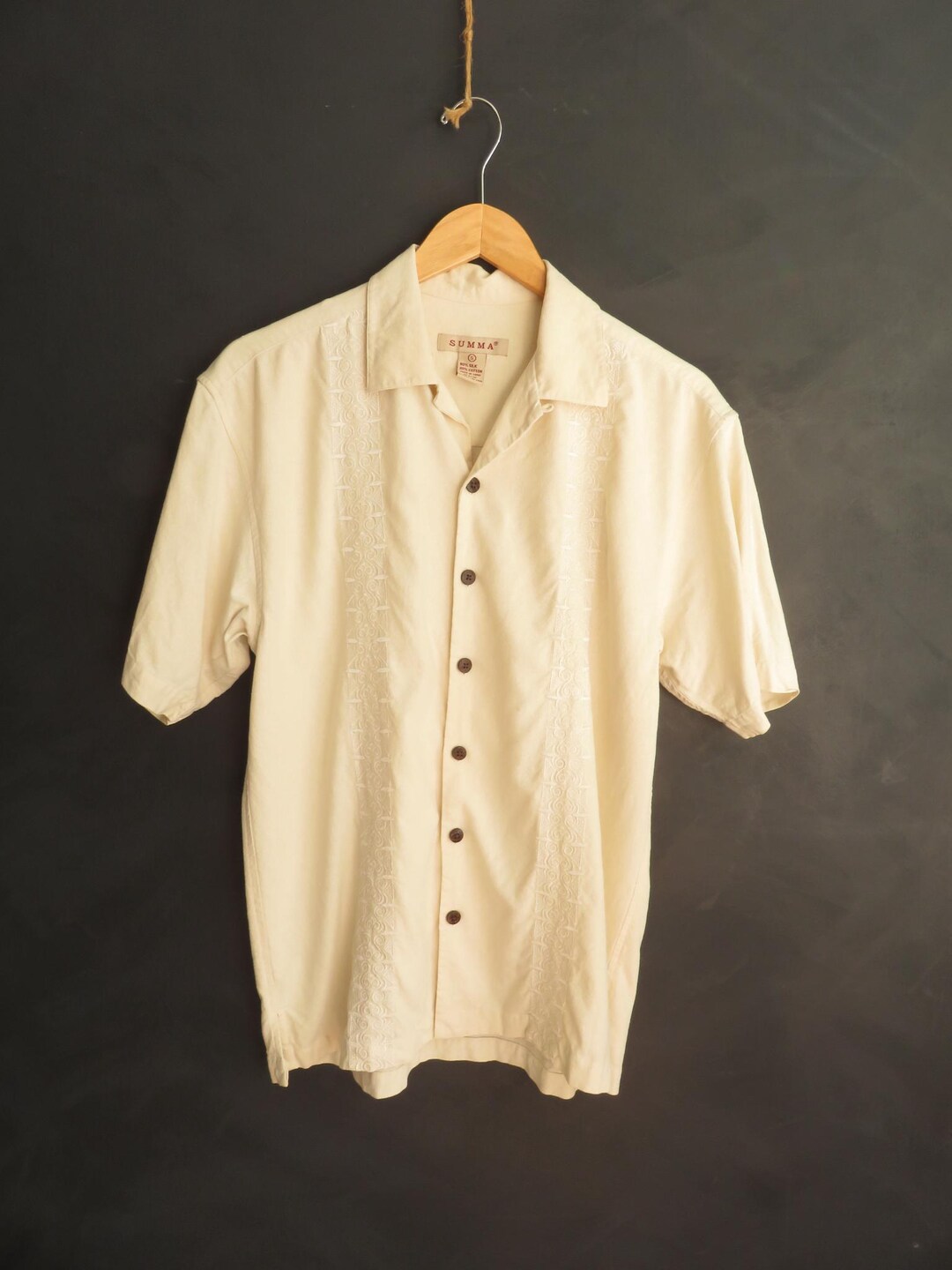Sz S. Pongee Silk Summer Shirt Embroidered Vintage Panama Style Men's ...