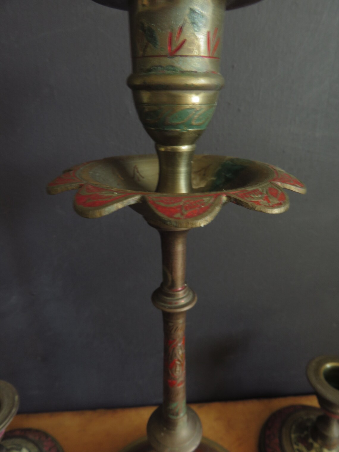 Antique Solid Brass Candlesticks, Circa 1900, Etched Enamel India Decor ...