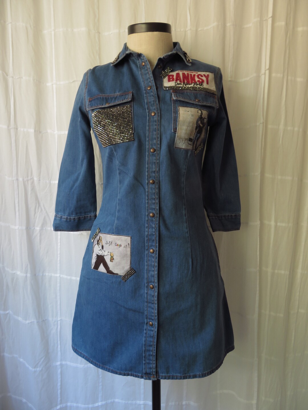 Banksy Street Art Denim Dress: Rhinestone & Chain Embellished, Size ...