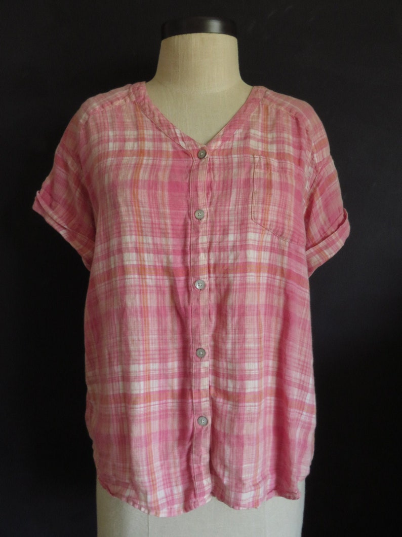J. Jill Linen Pink Plaid Linen Top Blouse Button Front Short - Etsy
